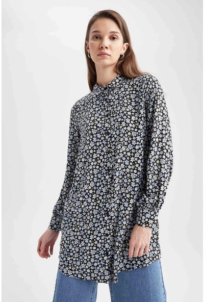 DeFacto Regular Fit Desenli Uzun Kollu Viskon Gömlek Tunik X3320AZ22SM