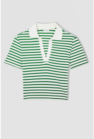 DeFacto Slim Fit Polo Yaka Çizgili Kısa Kollu Crop Tişört Y0905AZ22SM DeFacto Slim Fit Polo Yaka Çizgili Kısa Kollu Crop Tişört Y0905AZ22SM