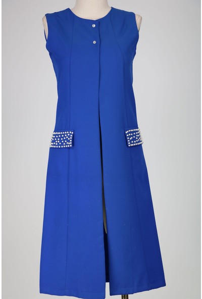 Hepyen Saks Mavi Cepleri Ince Detaylı Yelek