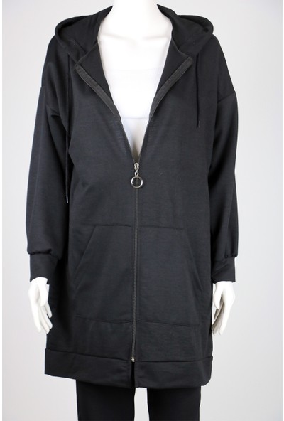 Hepyen Siyah Fermuarlı Kapişonlu Penye Hırka