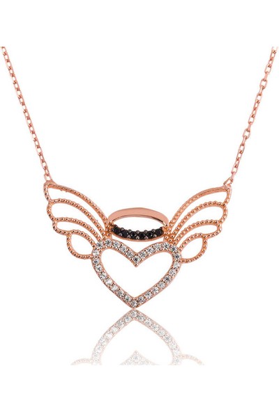 Gumush Gümüş Kalpli Melek Kanadı Bayan Kolye