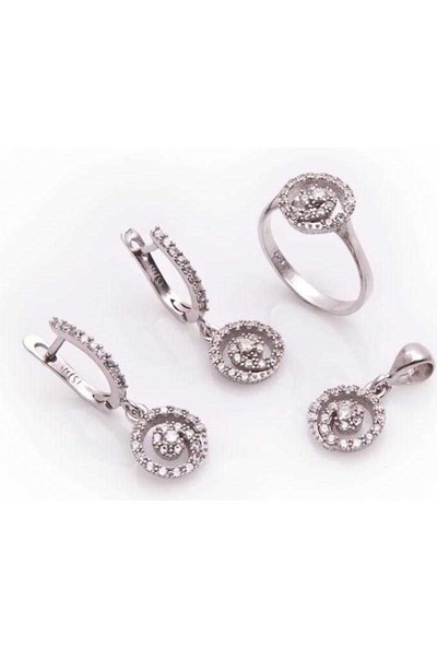 Gumush Gümüş Yuvarlak Taşlı Bayan Set
