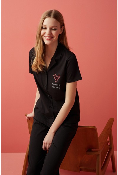 Penti Siyah Ent Heart Gömlek Pijama Takımı