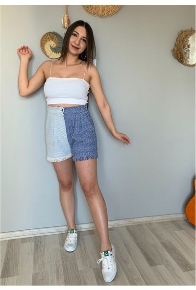 Ritto Butik Mavi Çift Renkli Püskül Detaylı Tüvit Şort Ritto Butik Mavi Çift Renkli Püskül Detaylı Tüvit Şort