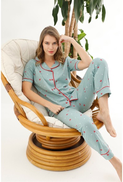 Levendan Kırmızı Kalp Yeşil Kadın Pijama Takımı - LDN1011