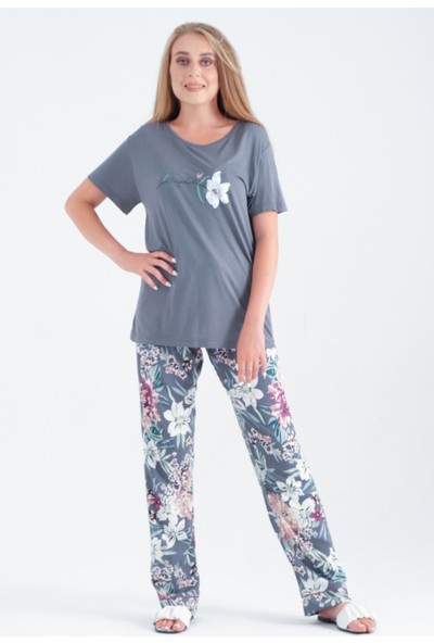 Levendan Desenli Çiçek Siyah Kadın Pijama Takımı - LDN1035 Levendan Desenli Çiçek Siyah Kadın Pijama Takımı - LDN1035