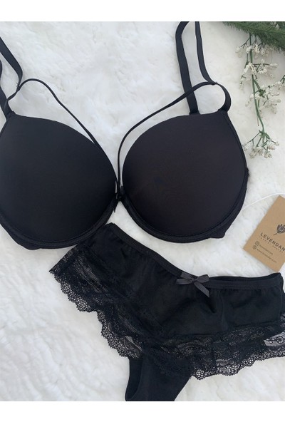 Levendan Çapraz Ip Düz Siyah Sütyen Külot - LDN1081