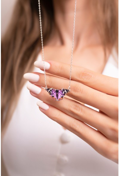 Violansia 925 Ayar Gümüş Mineli Mor Kelebek Kolye