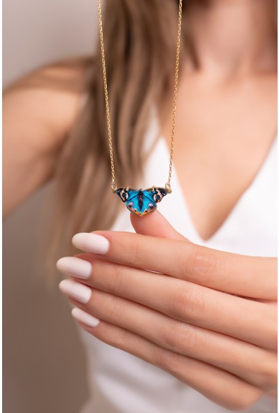 Violansia 925 Ayar Gümüş Altın Renkli Mineli Mavi Kelebek Kolye