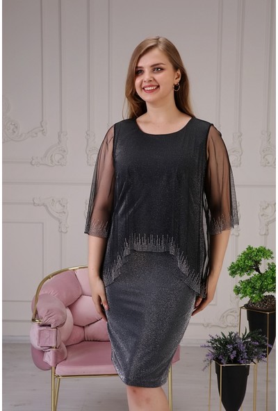 Haimoda Kadın Abiye Elbise Gri Simli Tüllü Taşlı Büyük Beden