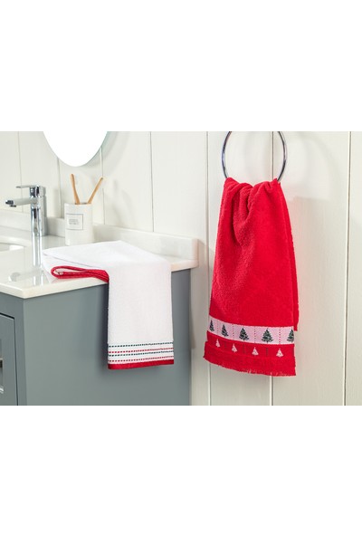 Madame Coco Adalin Armürlü 2'li Yüz Havlu Seti - Beyaz / Kırmızı Madame Coco Adalin Armürlü 2'li Yüz Havlu Seti - Beyaz / Kırmızı