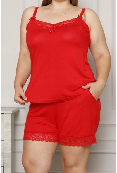 Nicoletta Kırmızı Kadın Şortlu Pijama Takımı Ip Askılı Büyük Beden Cepli Likralı