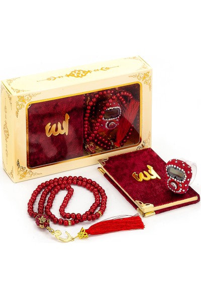 İhvan Online Taşlı Zikirmatik - Mini Kadife Yasin - Inci Tesbihli Hediyelik Set - Bordo Renk
