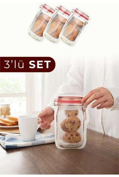 Kilitli Saklama Poşedi Kavanoz Görünümlü Kilitli Poşet 3 Adet Kilitli Saklama Poşedi Kavanoz Görünümlü Kilitli Poşet 3 Adet