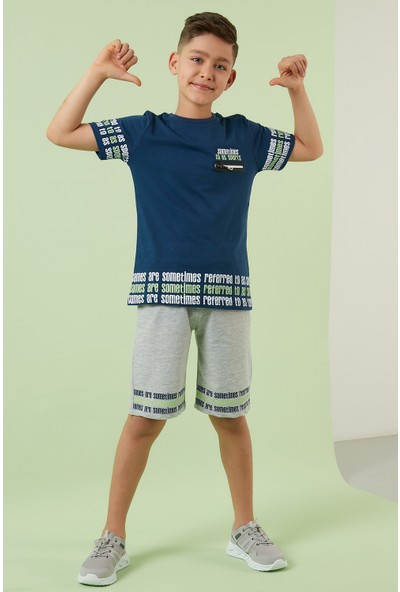 Lela Yazı Baskılı Elastik Bel Bantlı % 100 Pamuk 2'li Alt-Üst Takım Erkek Çocuk Takım 6189613