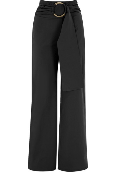 Quzu Toka Detaylı Yüksek Bel Bol Pantolon Siyah