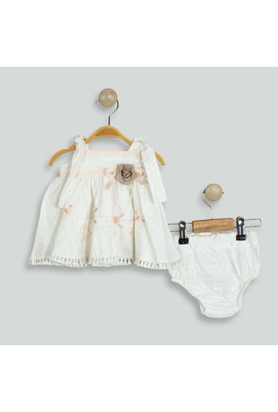 Nono Baby Kız Bebek Elbise Nakışlı - Nono Baby - Bebek Elbisesi - Beyaz-Somon - 3-6 Ay