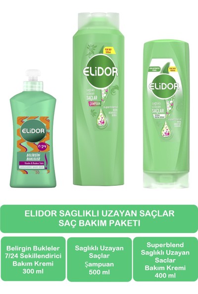 Elidor Sağlıklı Uzayan Saçlar Bakım Seti (7/24 Şekillendirici Bakım Kremi 300 ml - Şampuan 500 ml - Serum Bakım Kremi 400 Ml)
