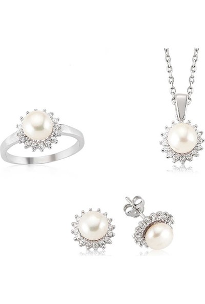 Gumush Gümüş Zirkon Taşlı Inci Bayan Set