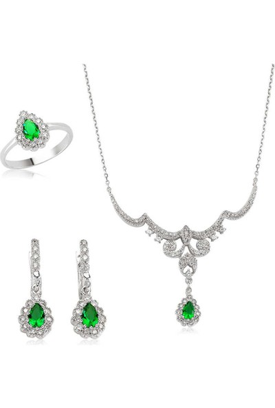 Gumush Gümüş Yeşil Taşlı Damla Bayan Set