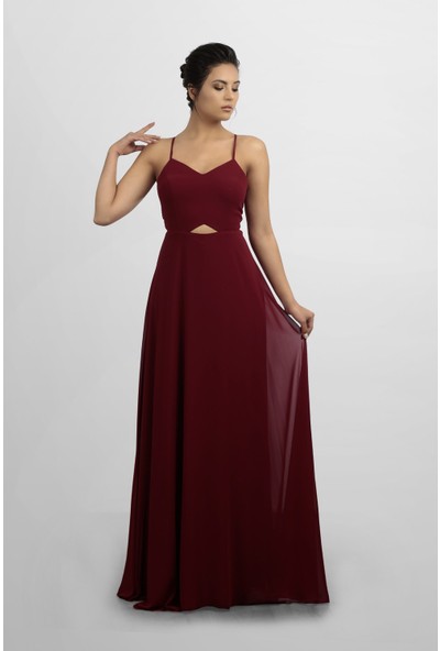 Pencere Detay Uzun Şifon Abiye Bordo