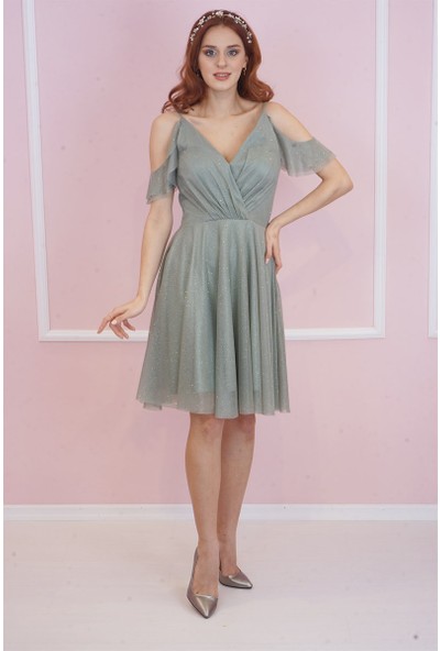 Omuz Detay Sim Tül Kısa Abiye Elbise Su Yeşili