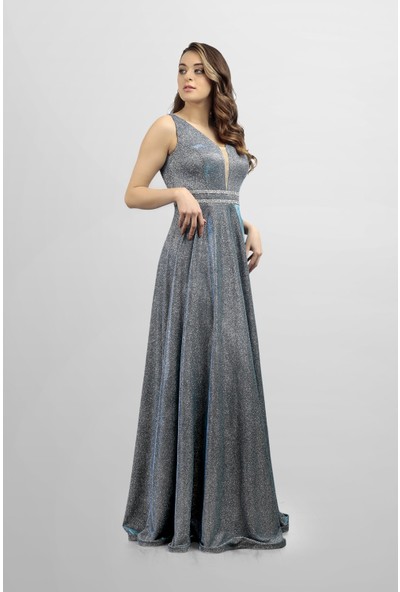 Beli Taşlı Parıltı Petrol Abiye Elbise