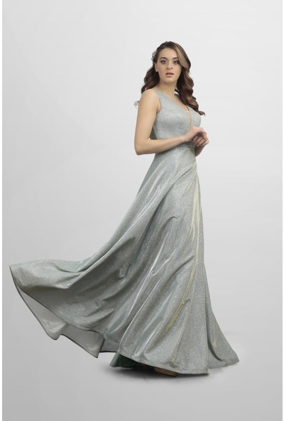 Beli Taşlı Parıltı Mint Abiye Elbise