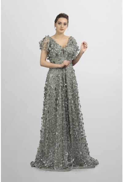 3 Boyutlu Çiçekli Su Yeşili Uzun Abiye Elbise