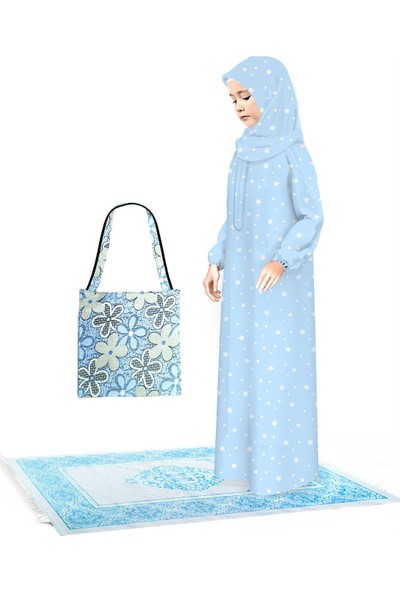 Oulabimir Pratik Fermuarlı Pamuku Kız Çocuk Namaz Elbisesi 4 Parçalı Set Mavi Baskılı