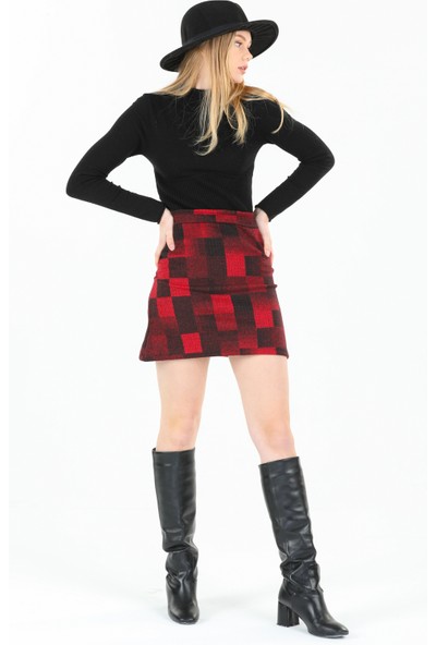 Vualist Kadın Kırmızı Mini Ekose Etek