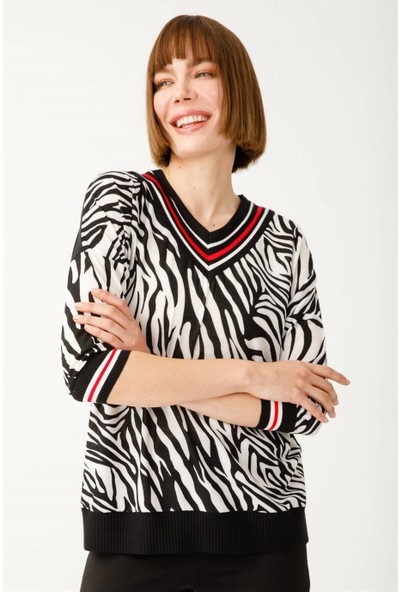 Desenli Ribanalı Bluz-Siyah