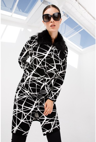 Geometrik Desenli Kürk Yakalı Triko Kaban-Siyah-Ekru
