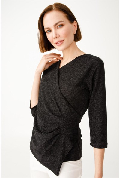 Simli Kumaş Truvakar Kol Kruvaze Bluz-Siyah