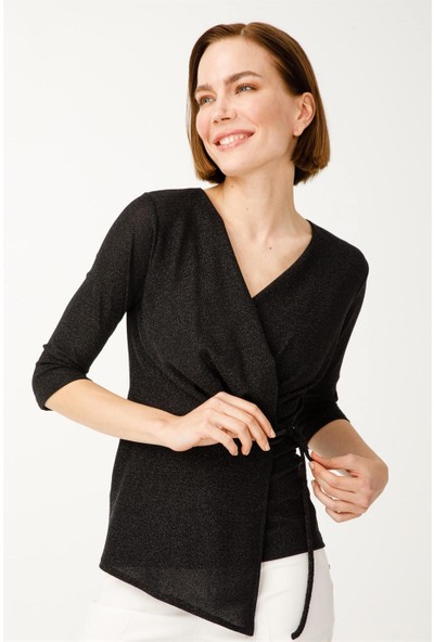 Simli Kumaş Kruvaze Bluz-Siyah Simli Kumaş Kruvaze Bluz-Siyah