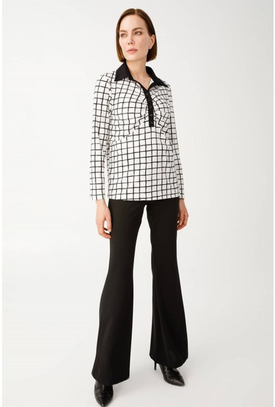 Desenli Uzun Kollu Bluz-Ekru