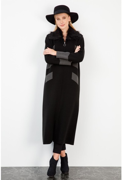 Uzun Kürklü Triko Pardösü-Siyah