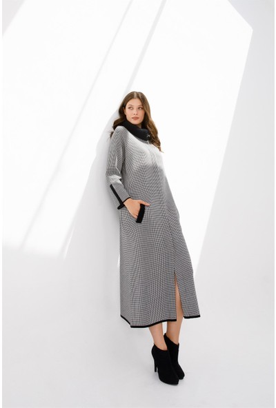 Yaka Detaylı Kazayağı Desenli Triko Kaban-Siyah-Ekru