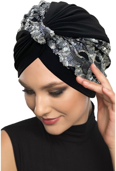 Fidan Bone Özel Tasarım Siyah Üzeri Gümüş Desenli Payetli Astarlı Hazır Türban Tesettür Abiye Bone