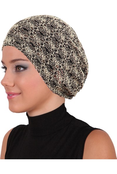Fidan Bone Buklet Sade Siyah-Bej Hazır Türban Tesettür Bone