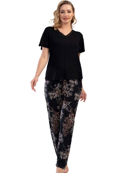 Vienetta Kadın Dokuma Kısa Kol Normal Beden Siyah Pijama Vienetta Kadın Dokuma Kısa Kol Normal Beden Siyah Pijama