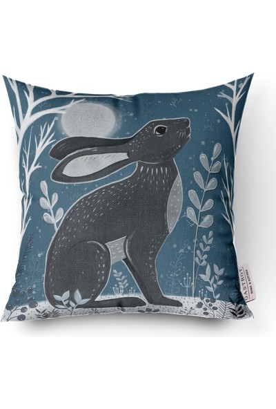 Bunny In The Moonlight, British Blue, Tavşan Desenli Kırlent Süet Yastık Kılıfı 45X45 cm GMYK-A0009-4545