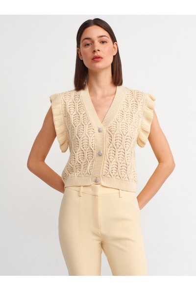 Dilvin 60118 V Yaka Fırfırlı Taş Düğmeli Triko Yelek-Natural