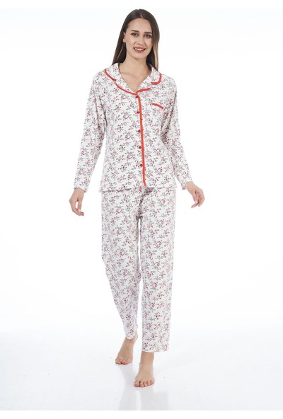 Estiva Kadın Gömlek Yaka Önden Düğmeli Çiçekli Penye Pijama Takımı - Ekru