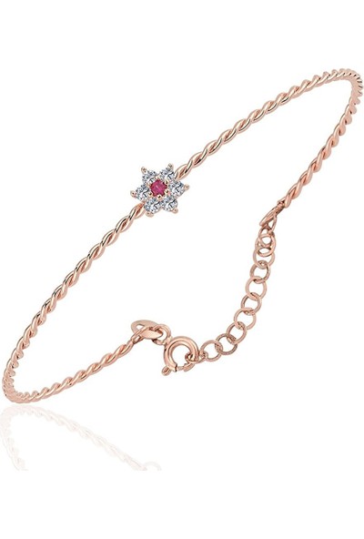 Anka Ortası Yakut Taşlı Çiçek Gümüş Bilezik-Pembe