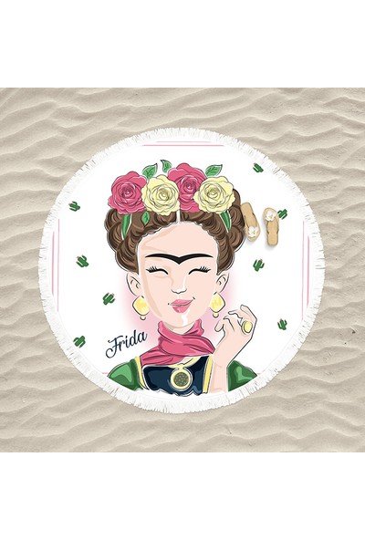 Decoars Frida Figürlü Özel Tasarım Yuvarlak Plaj Havlusu Decoars Frida Figürlü Özel Tasarım Yuvarlak Plaj Havlusu