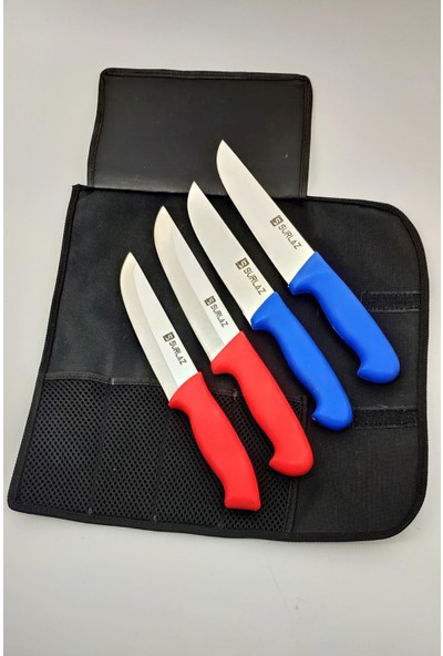 5 Parça Çantalı Bıçak Seti Paslanmaz Çelik Mavi-Kırmızı