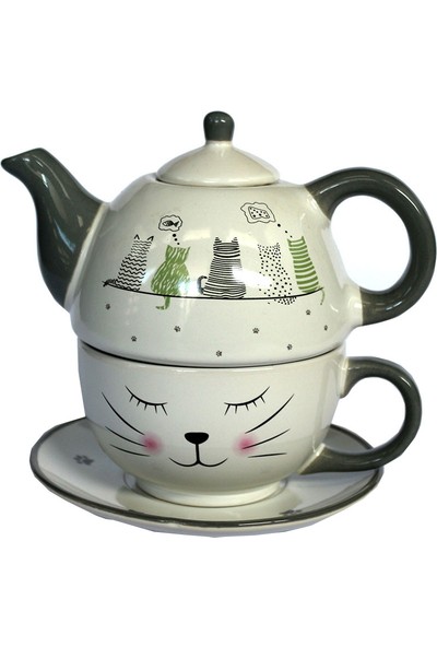 Benante Kedi Dekorlu Tekli Fincan ve Demlik Seti