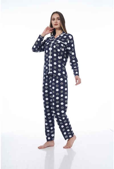 Estiva Kadın Gömlek Yaka Önden Düğmeli Büyük Puantiyeli Penye Pijama Takımı - Lacivert
