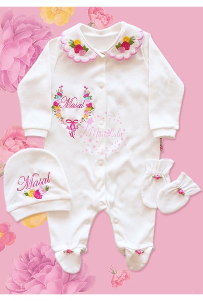 Minilola Renkli Gül Desenli Fiyonk Nakış Işlemeli Yakalı Isimli Tulum Seti Minilola Renkli Gül Desenli Fiyonk Nakış Işlemeli Yakalı Isimli Tulum Seti